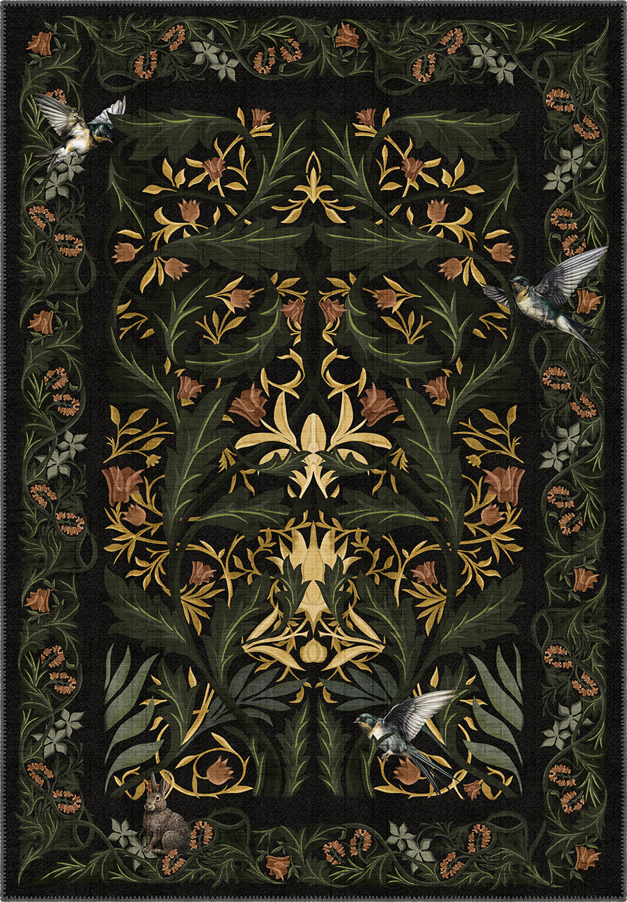 Merillo Black Botanical Rug | Rugette Washable Rug